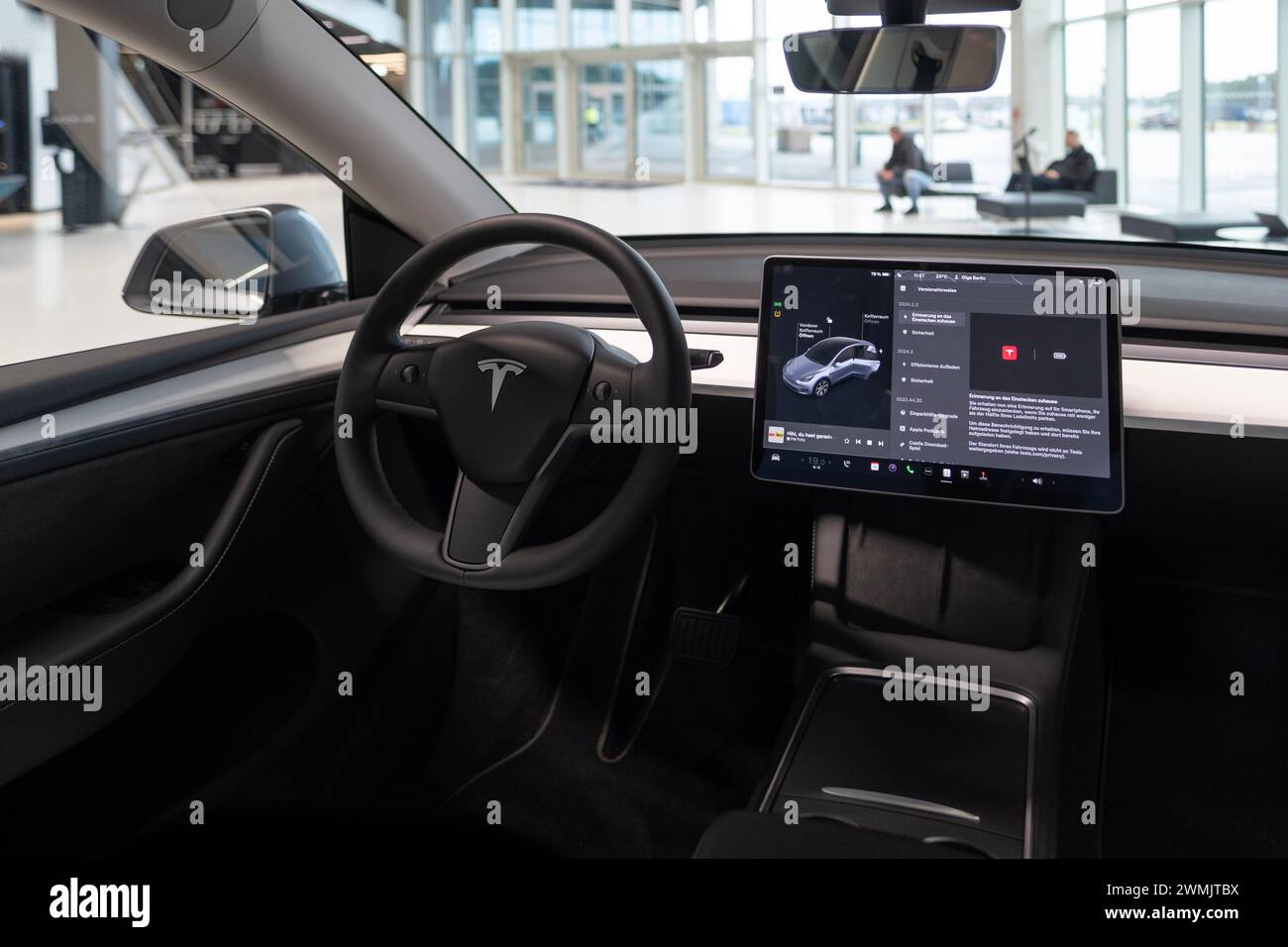closeup steering wheel, Interior, cockpit of Tesla car model Y ...
