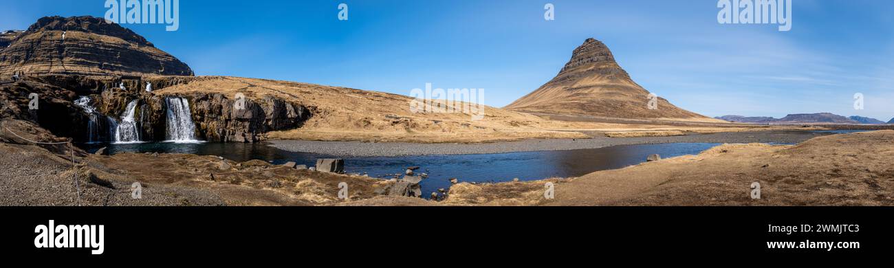 Panoramic view of Kirkjufell and its waterfalls, Iceland Stock Photo ...
