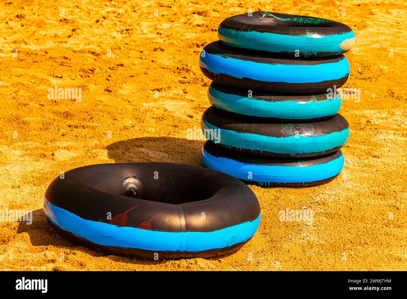 Inflatable floating tires on the beach in Pattaya Bang Lamung Amphoe ...