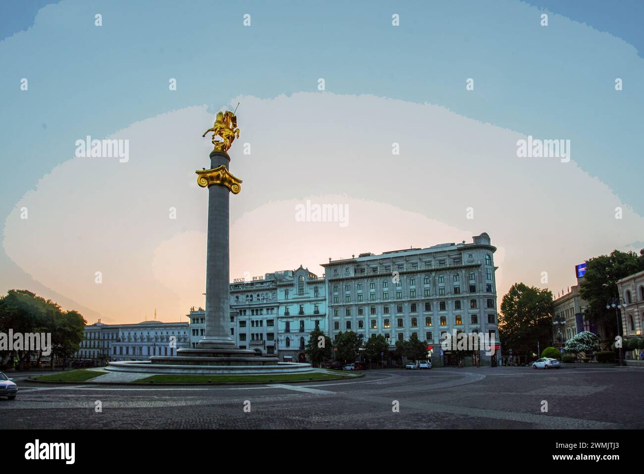 Panorama of Liberty square in Tbilisi in twilight time with rider on a ...