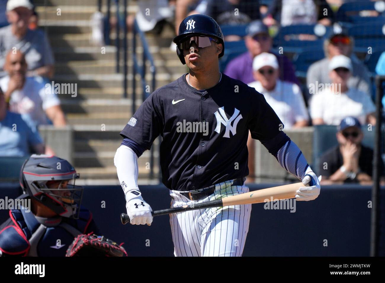 New York Yankees right fielder Juan Soto reacts after striking out during the first inning of a ...