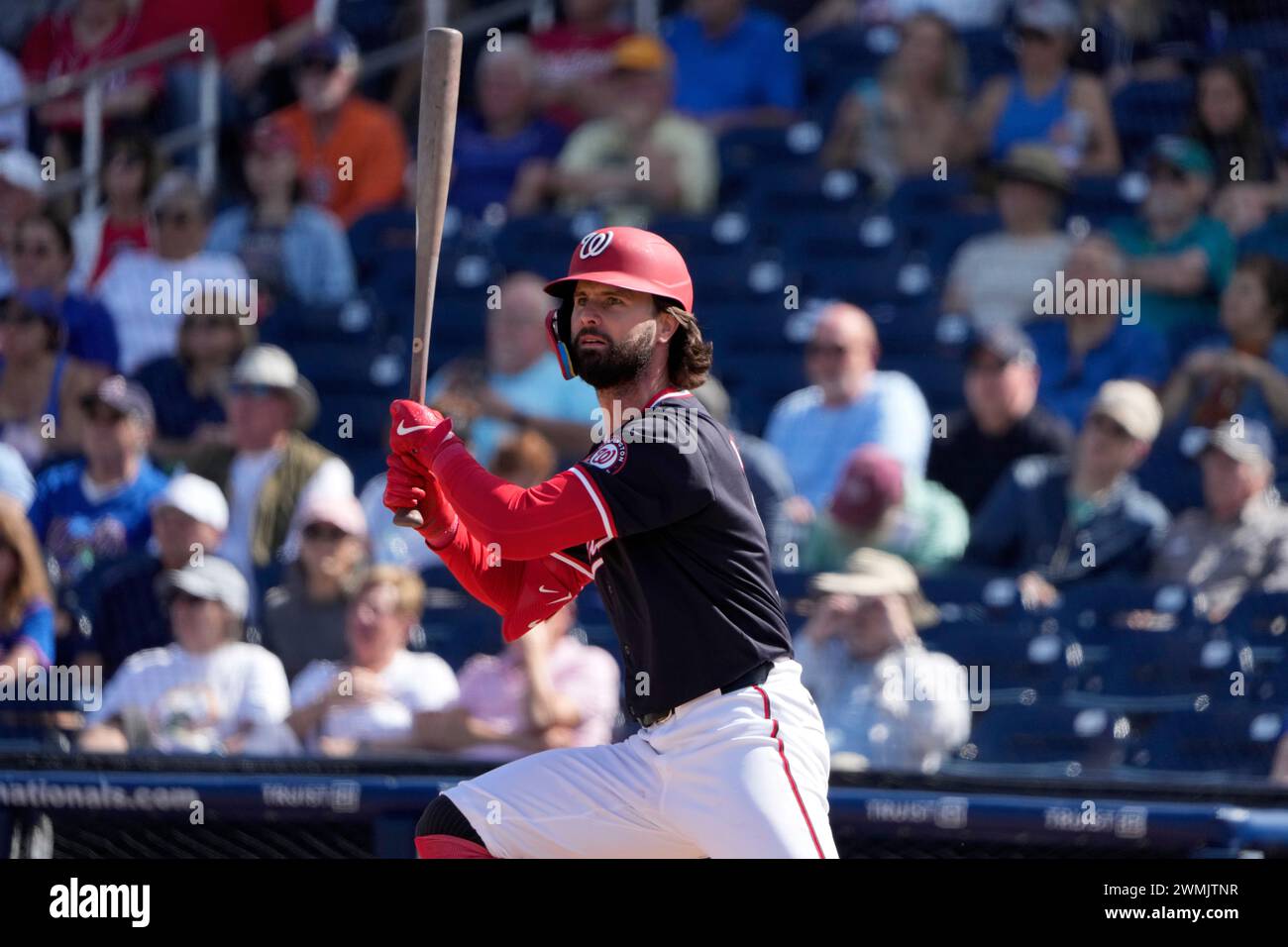 Washington Nationals' Jesse Winker fouls off a pitch during the fourth ...