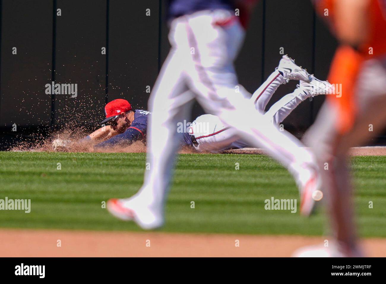 Atlanta Braves left fielder Jarred Kelenic (24) dives for a pop foul by ...