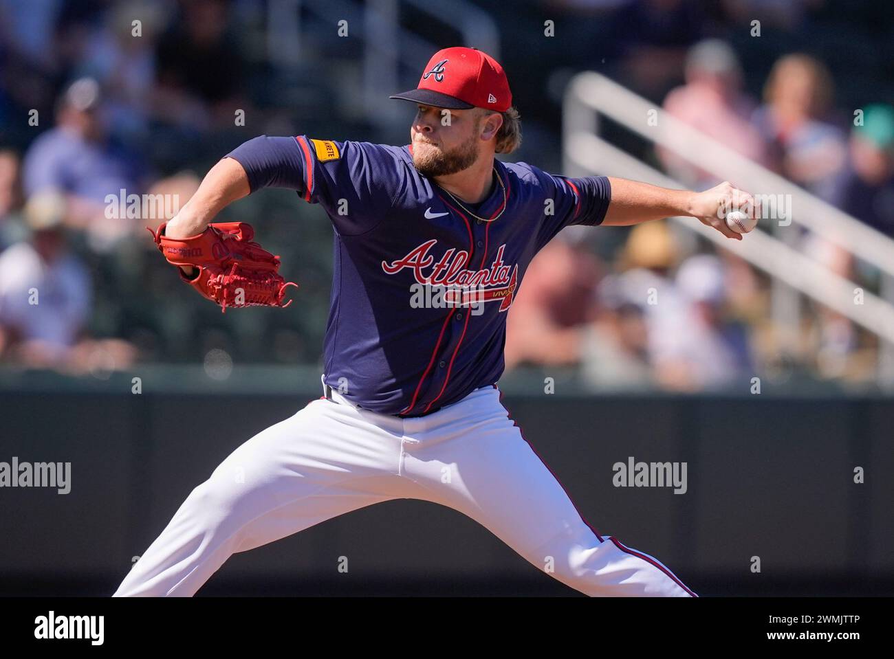 Atlanta Braves relief pitcher A.J. Minter throws in the fifth inning of ...
