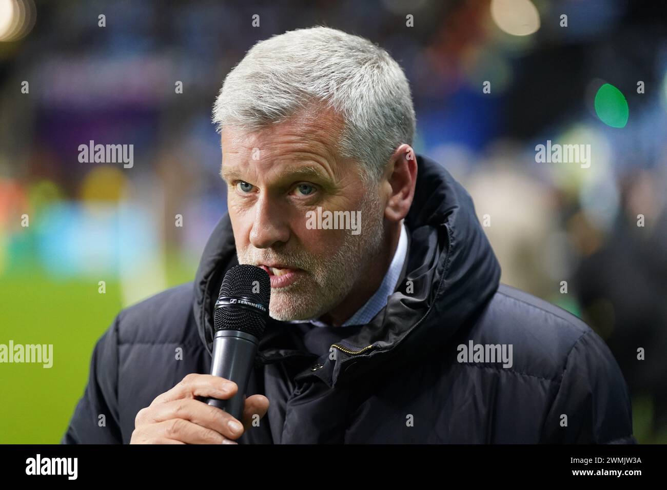Former Coventry City manager Eric Black speaks to the fans at half-time ...