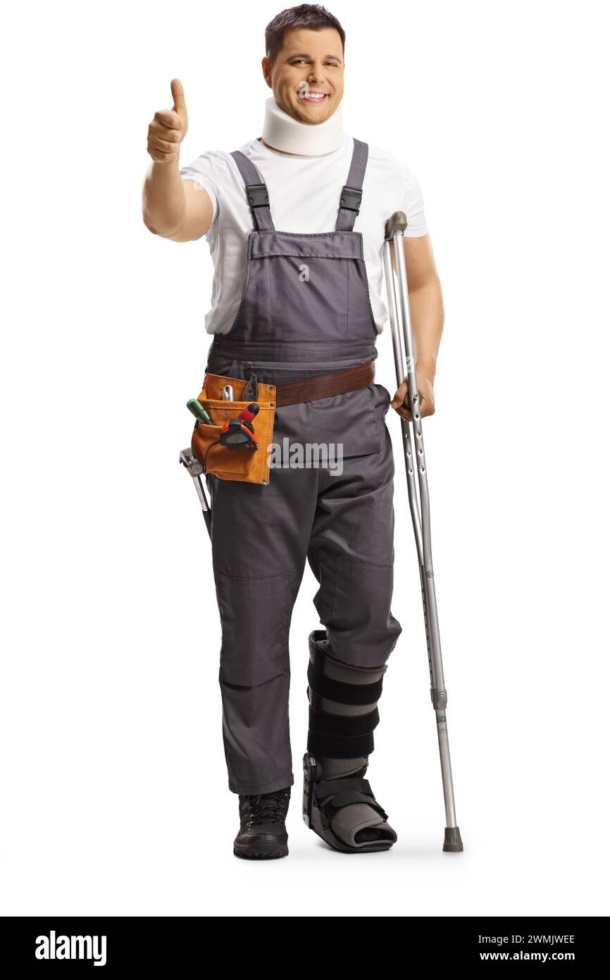 Worker with a neck injury standing with a crutch gesturing thumbs up ...