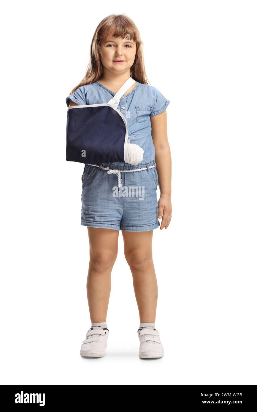 Full length portrait of a child with a broken arm wearing a sling ...