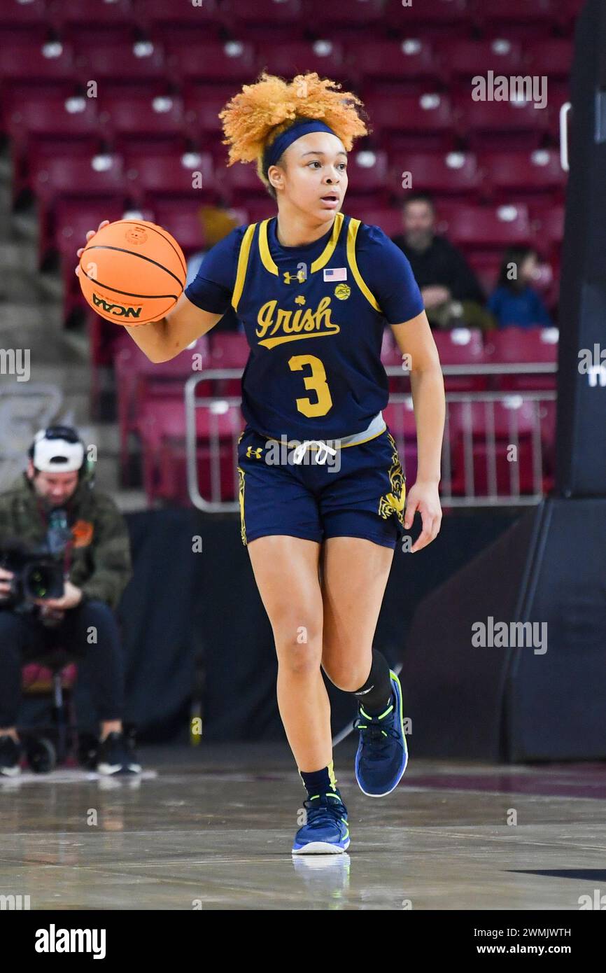 CHESTNUT HILL, MA - FEBRUARY 25: Notre Dame Fighting Irish guard Hannah Hidalgo (3) dribbles the ...