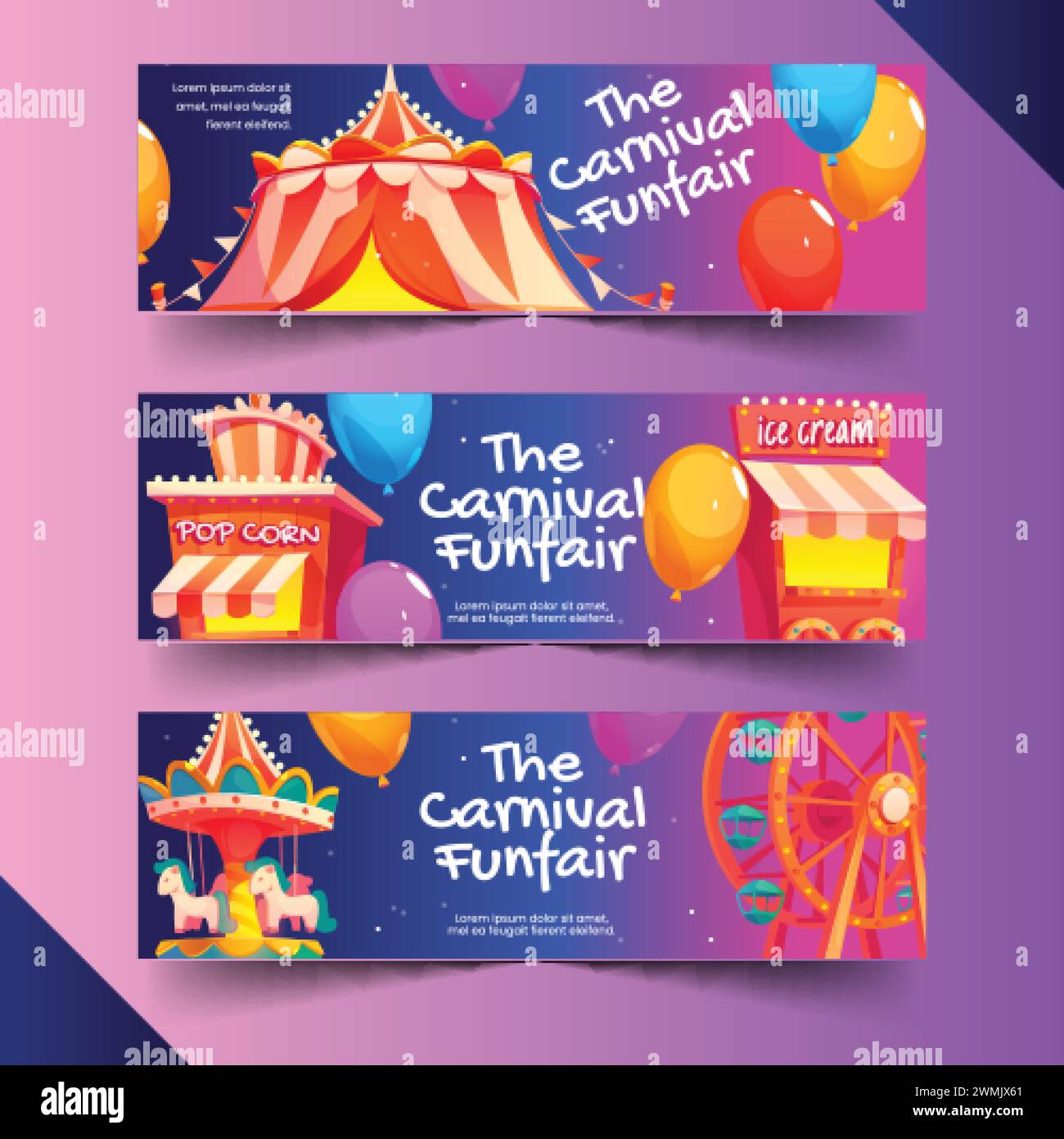 cartoon style carnival funfair banner et design vector illustration ...
