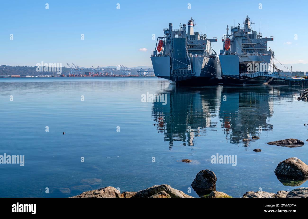 Military ships docked near a port of Tacoma Washington Stock Photo - Alamy