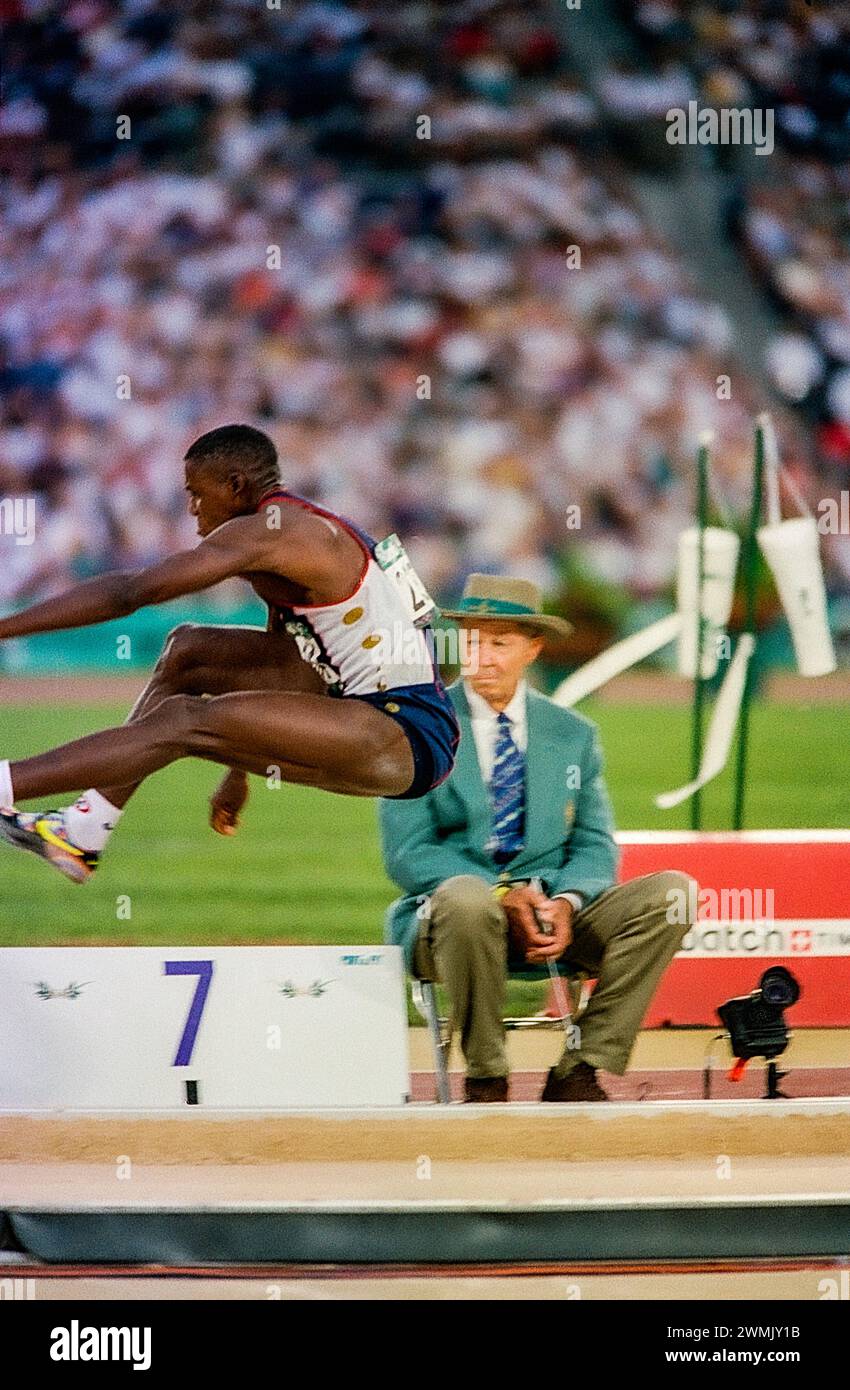 Carl Lewis (USA) win the gold medal in the long jump at the 1996 ...