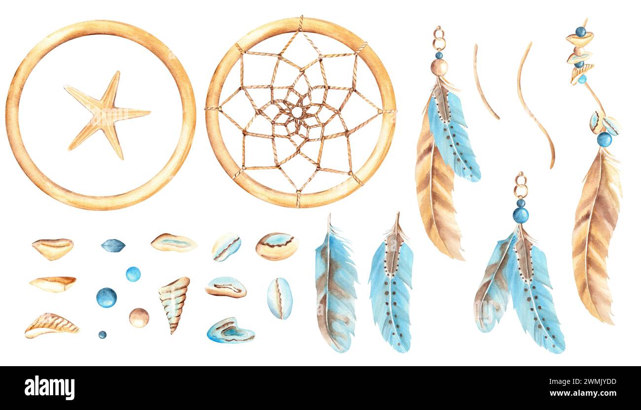 Watercolor hand drawn dream catcher set with feathers, strings, beads ...