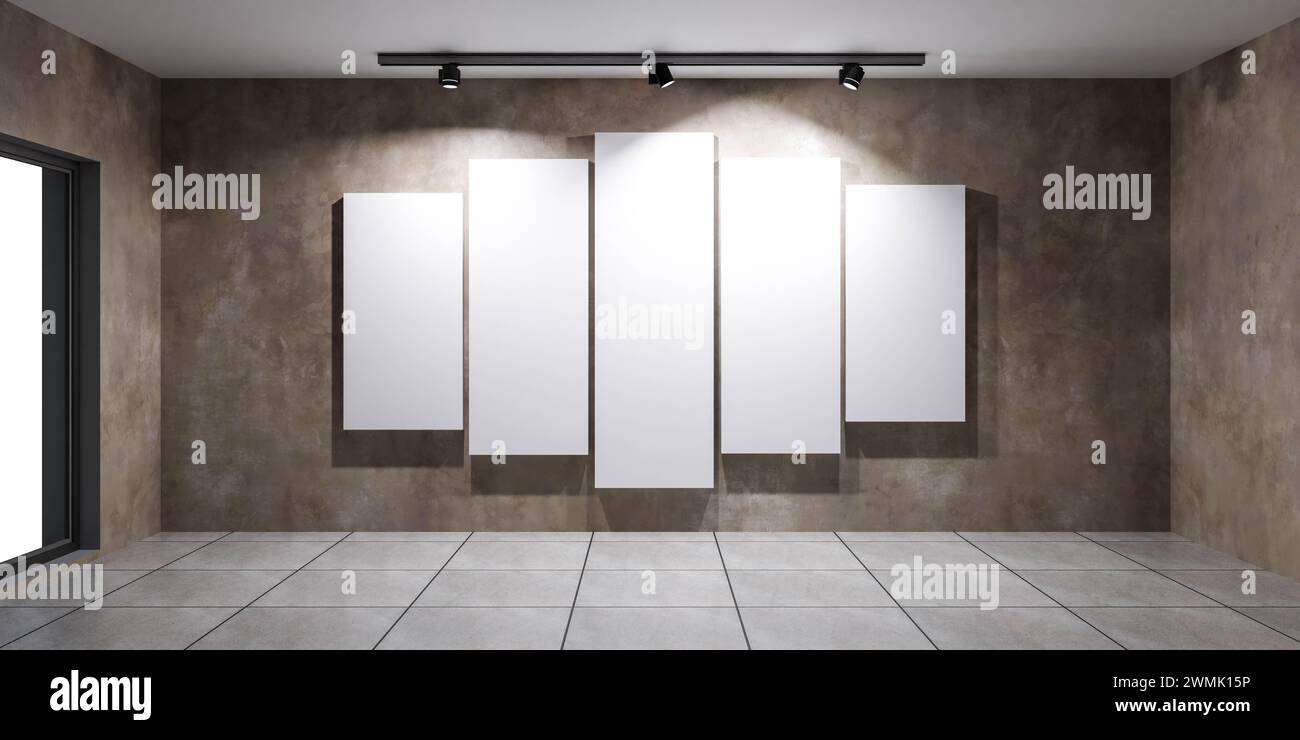 Modern art gallery interior with blank white canvases on a textured ...