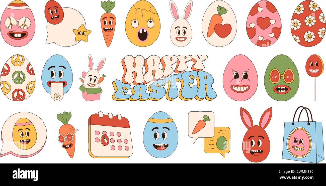 Easter retro groovy set. easter eggs characters in trendy cartoon 60s ...