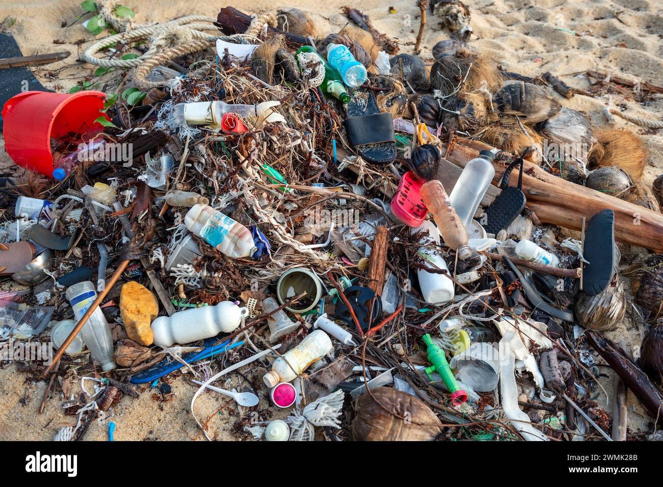 Koh Samui, Thailand - 19 January, 2024: A deserted beach, littered with ...