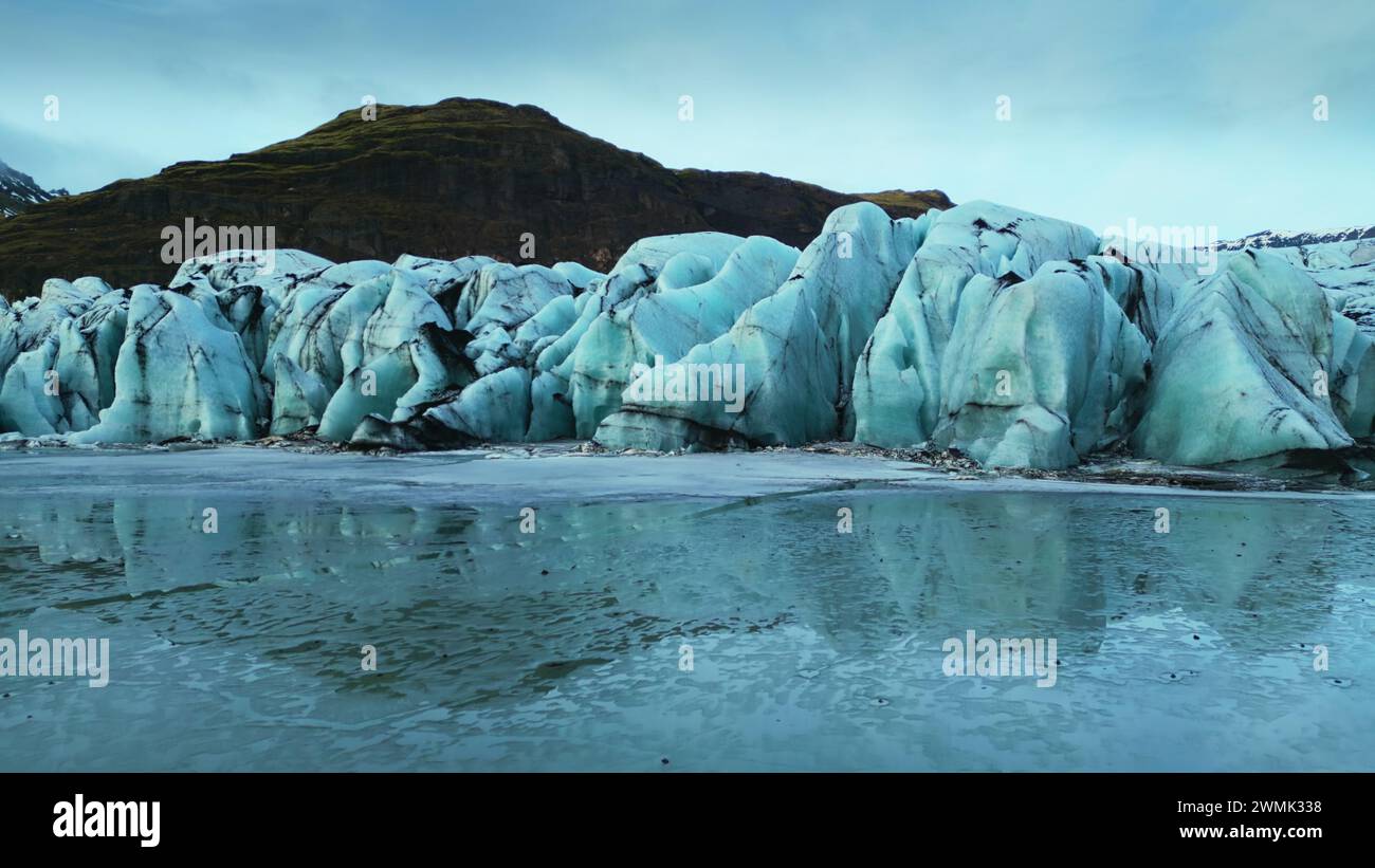 Aerial view of massive glaciers ice with crevasses, vatnajokull glacier ...