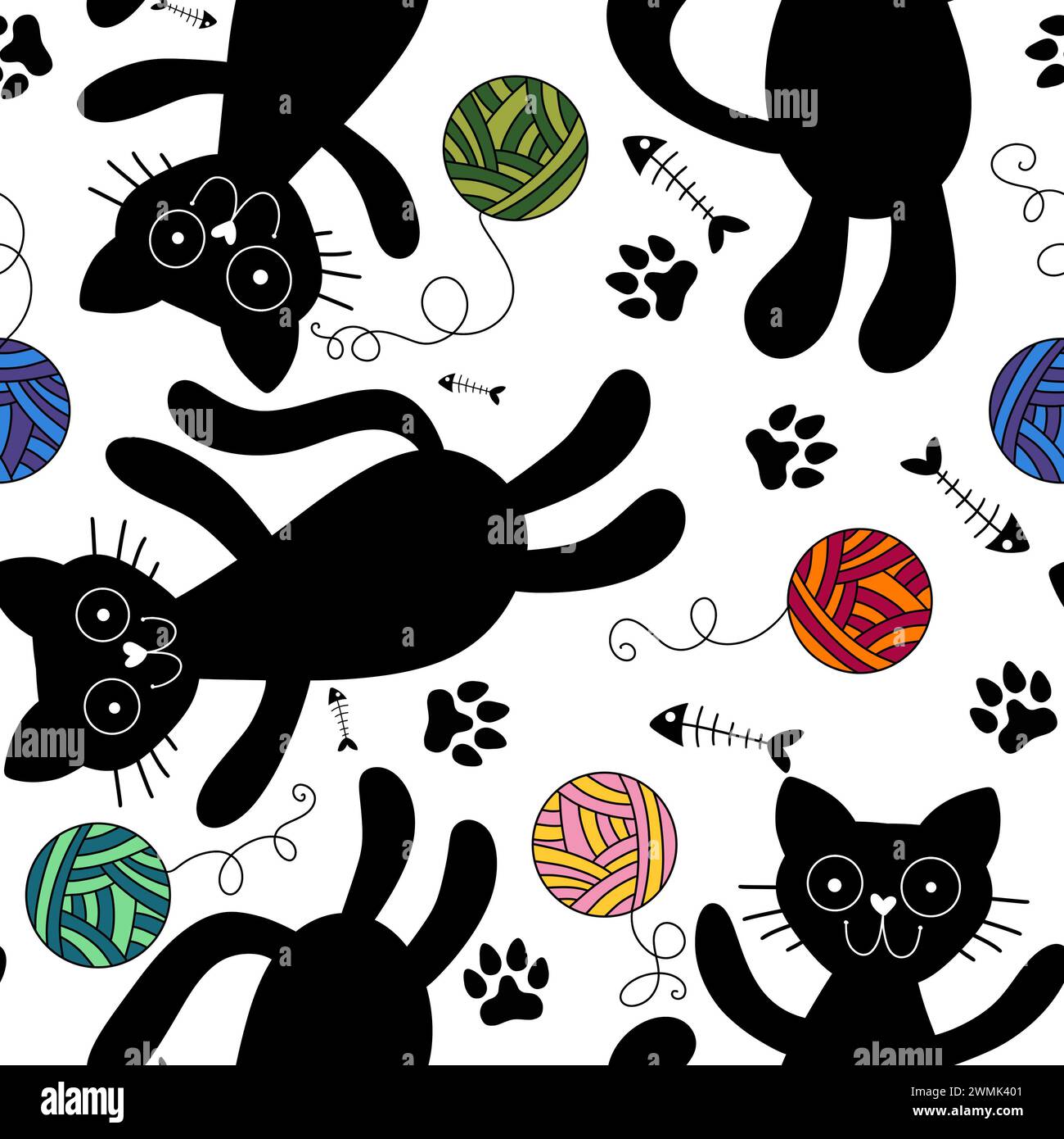 Cartoon animals accessories seamless cats and ball of threads and fish ...