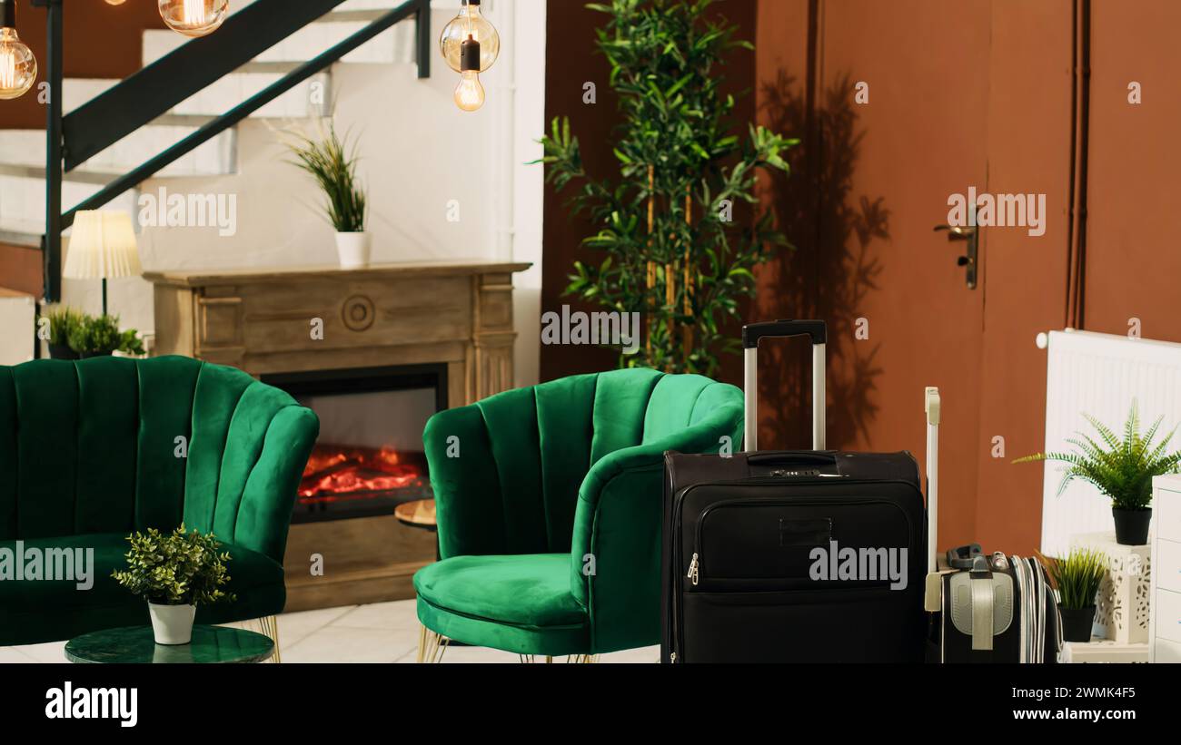 Modern empty lounge area with luggage and classy furniture, luxurious ...