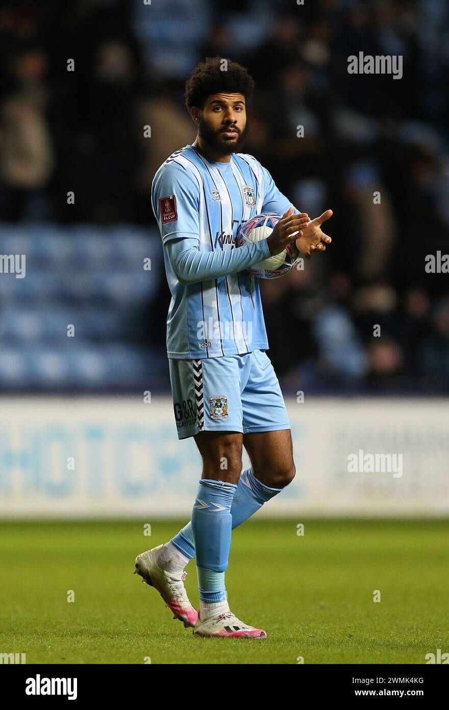 Coventry City's Ellis Simms holding the match ball after his hat-trick ...