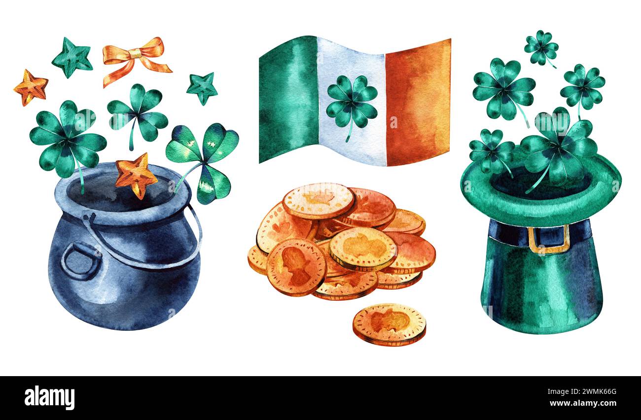 Set of watercolor elements for St. Patrick's Day isolated on white ...