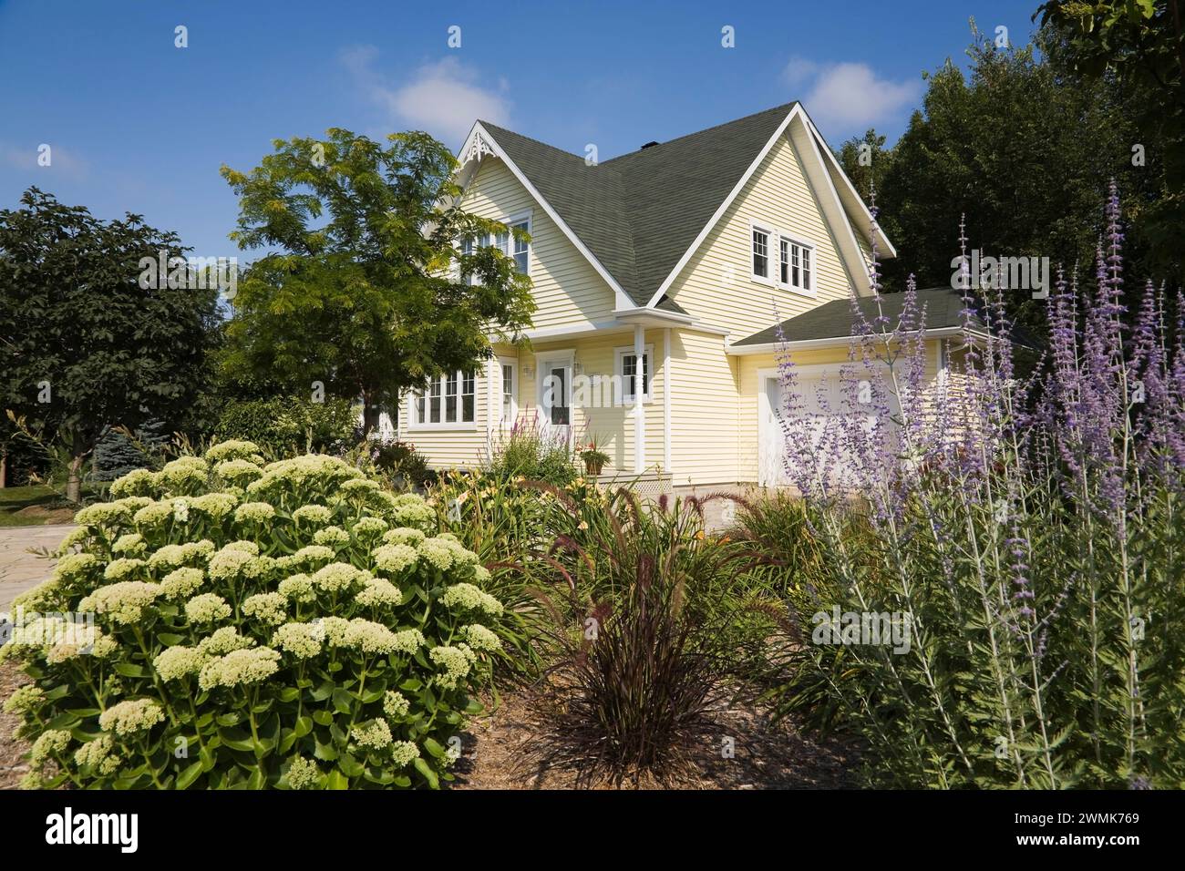 Two storied yellow clapboard with white trim home and landscaped front ...