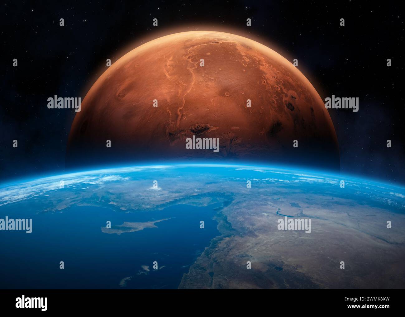 Earth, Mars in space. Beautiful blue planet Earth and red planet Mars ...