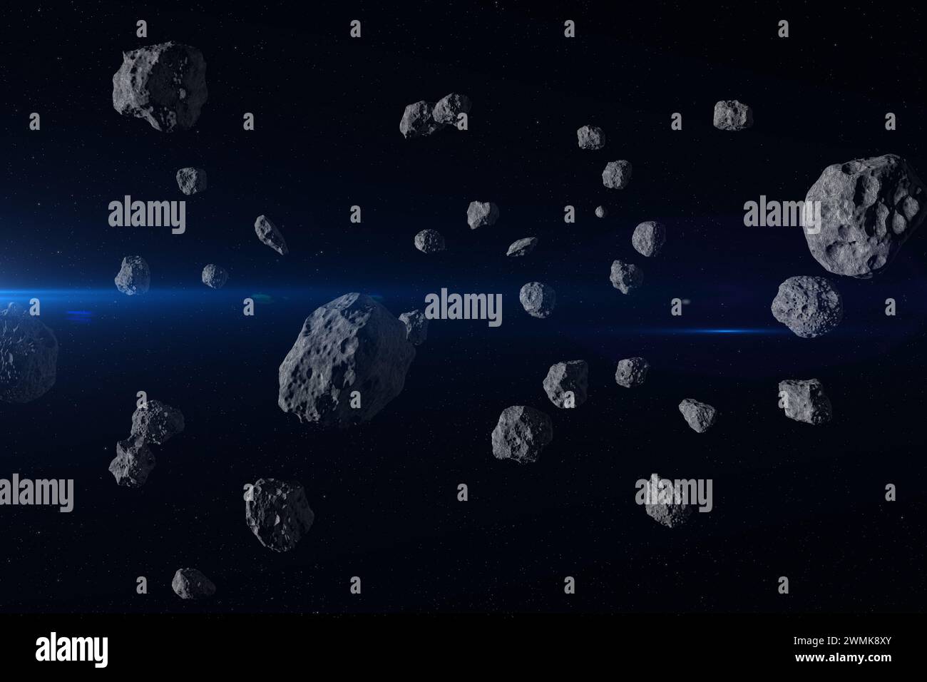 Asteroids. Dark outer space, meteorites and sun. High resolution image ...