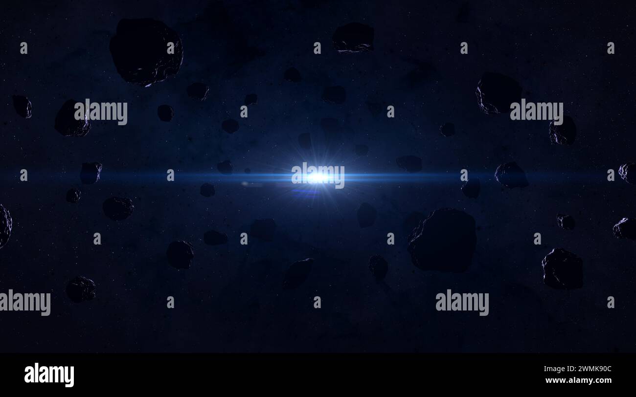 Asteroids. Dark outer space, meteorites and sun. High resolution image ...