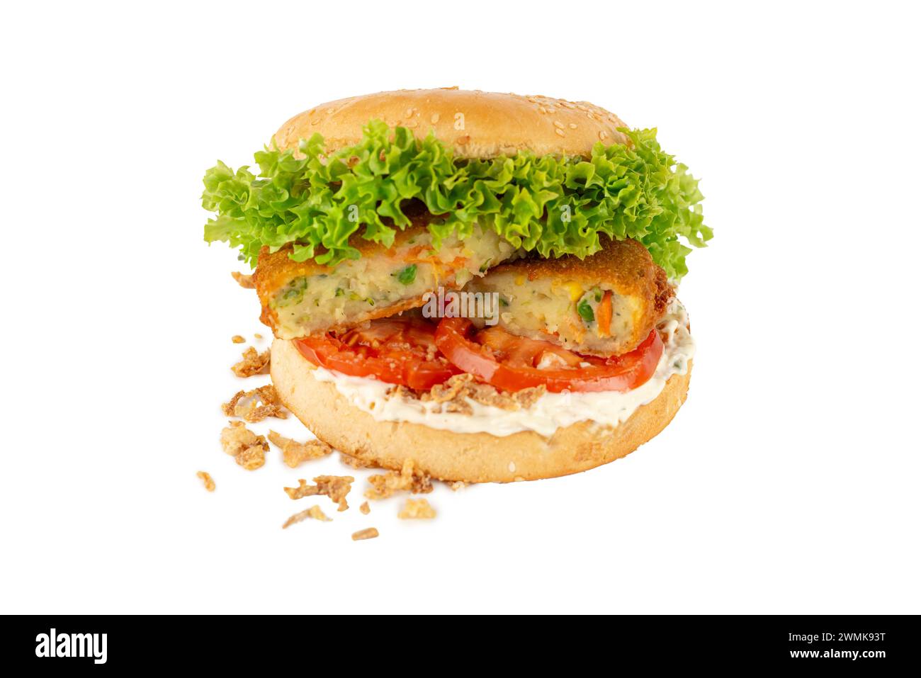 A cheese-free vegetarian burger made from vegetables and breadcrumbs ...