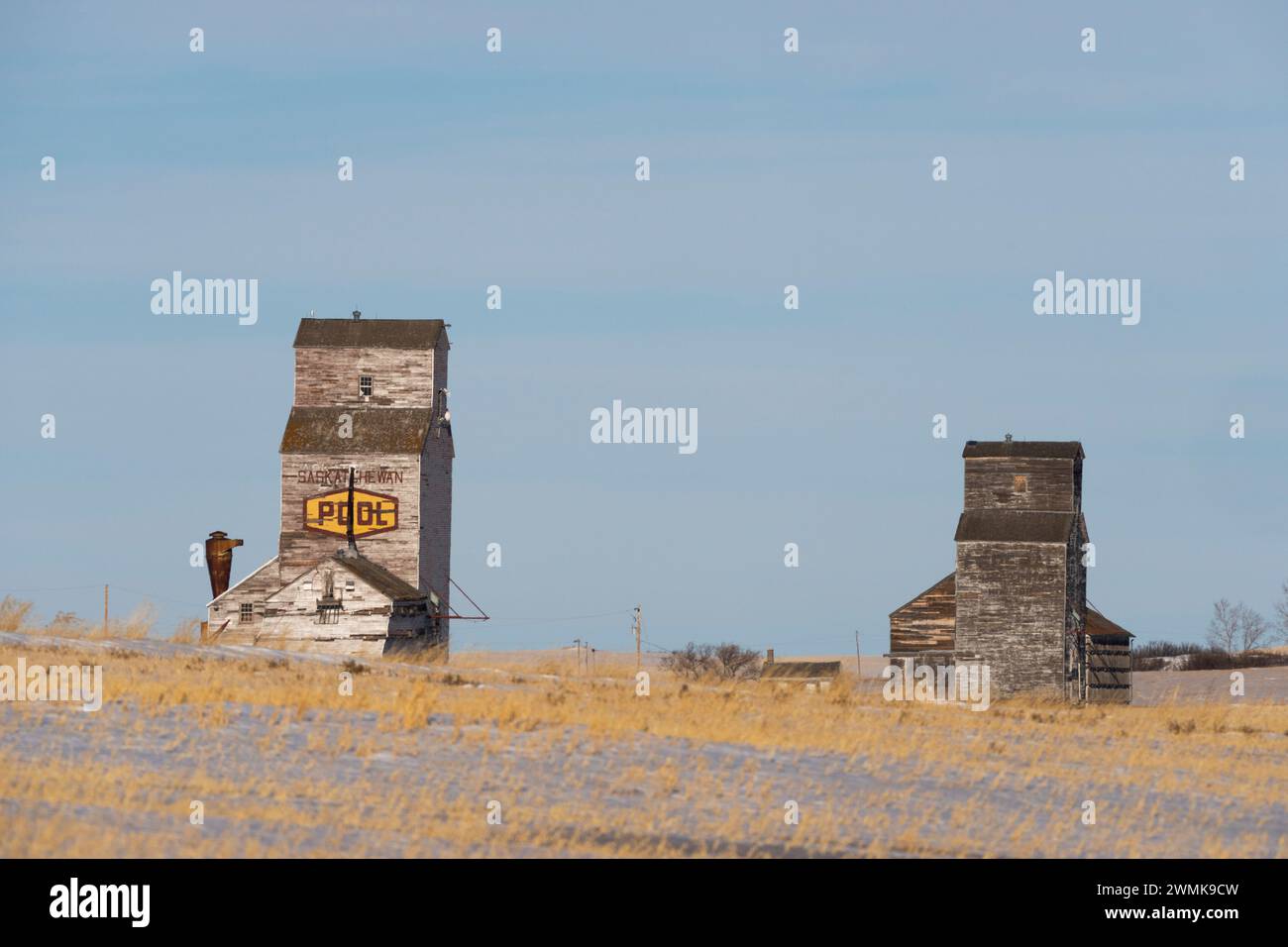 Abandoned grain elevators in the ghost town of Horizon, Saskatchewan ...