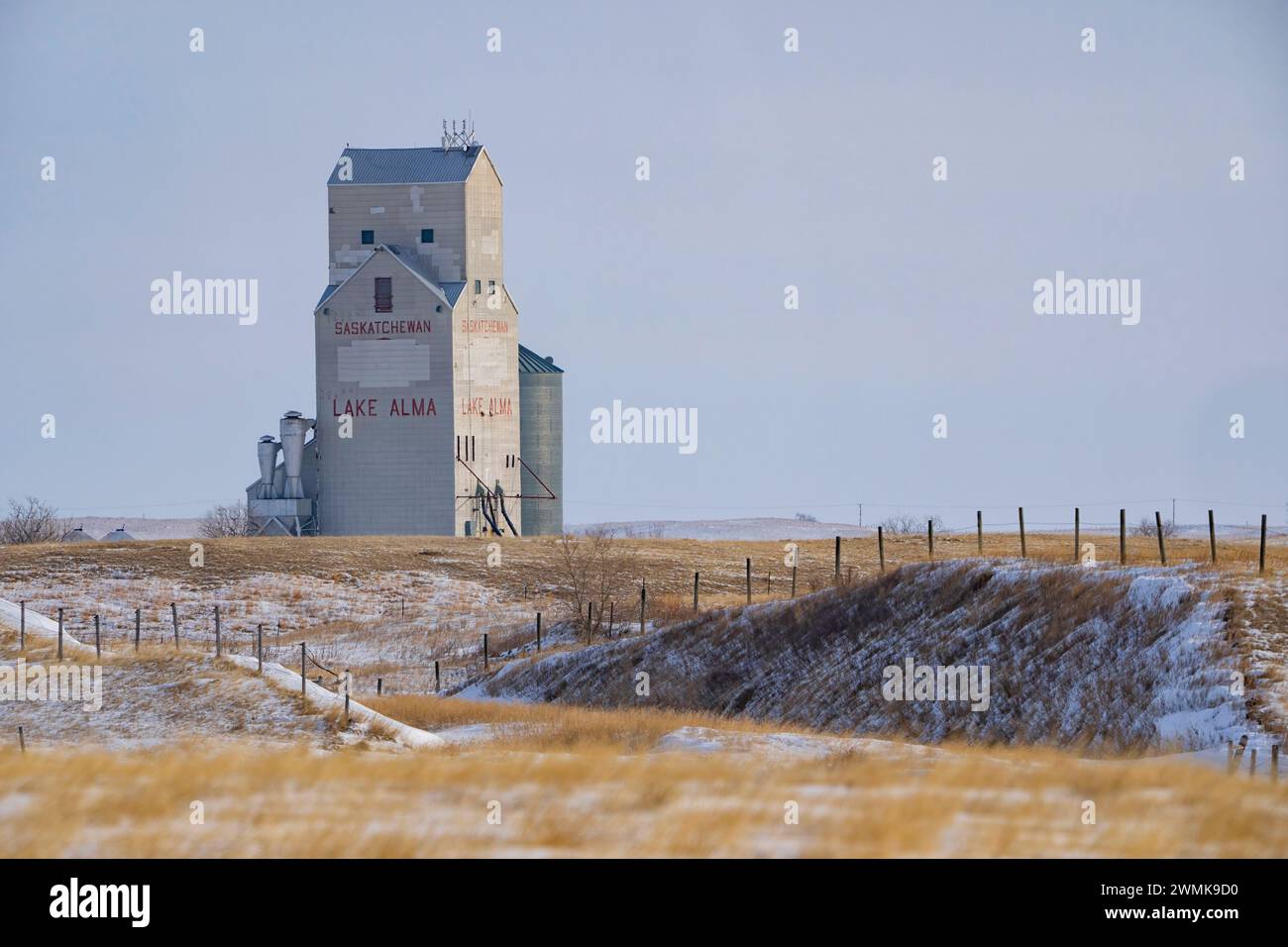 Lake Alma grain elevator standing lonely against a wintery landscape ...