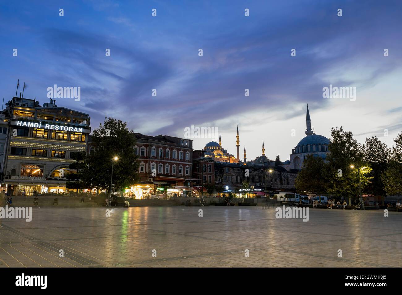 Suleymaniye Mosque silhouette and Eminonu Square, Istanbul, Turkey ...