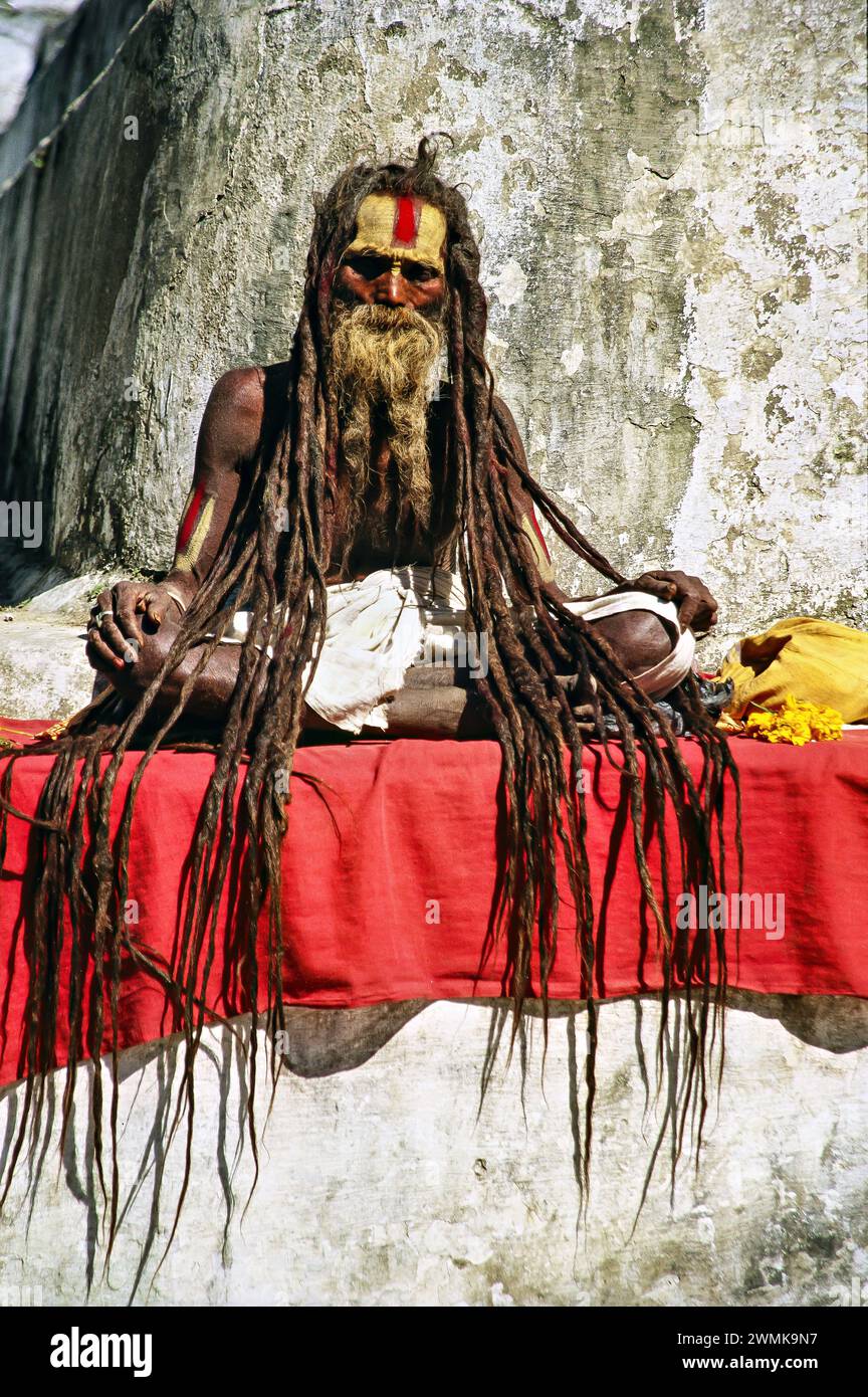Hindu holy man with streaming dreadlocks at prayer in Boudhnath ...
