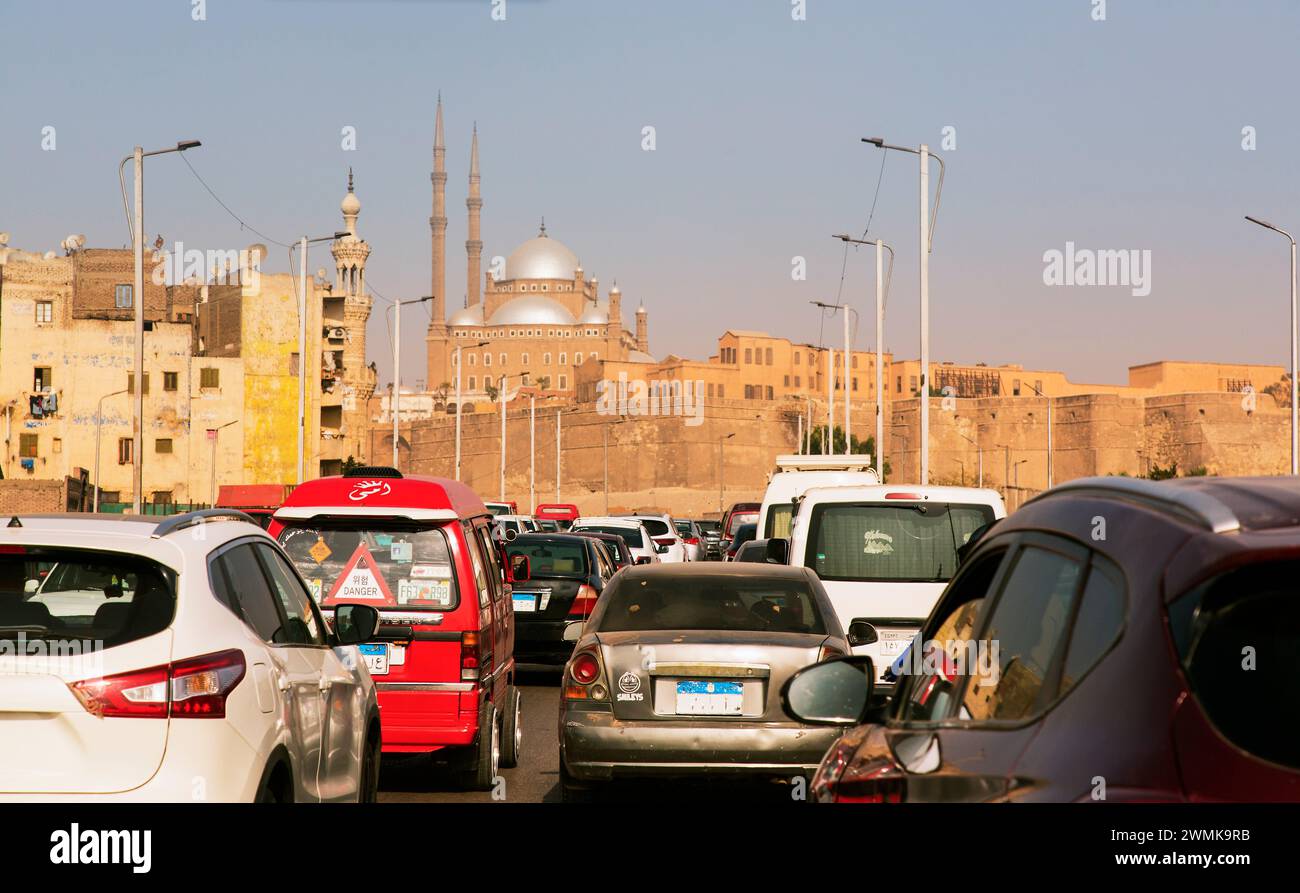 Cairo traffic with the Saladin Citadel in the distance, Cairo , Egypt ...