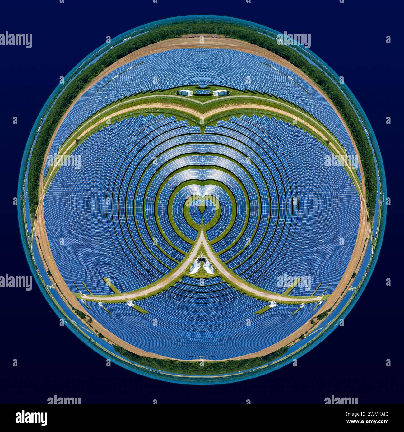 Aerial view of a large solar farm artistically created in a spherical ...