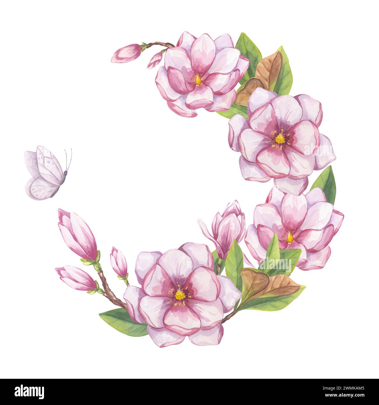 Pink magnolia moon frame. Branch flower, buds, leaves. Blooming floral ...