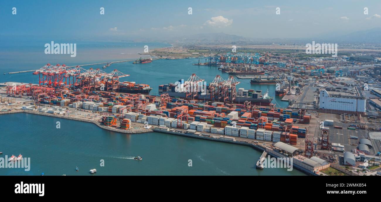 Callao, Lima. Peru. January 2024. Panoramic View of dock and containers ...