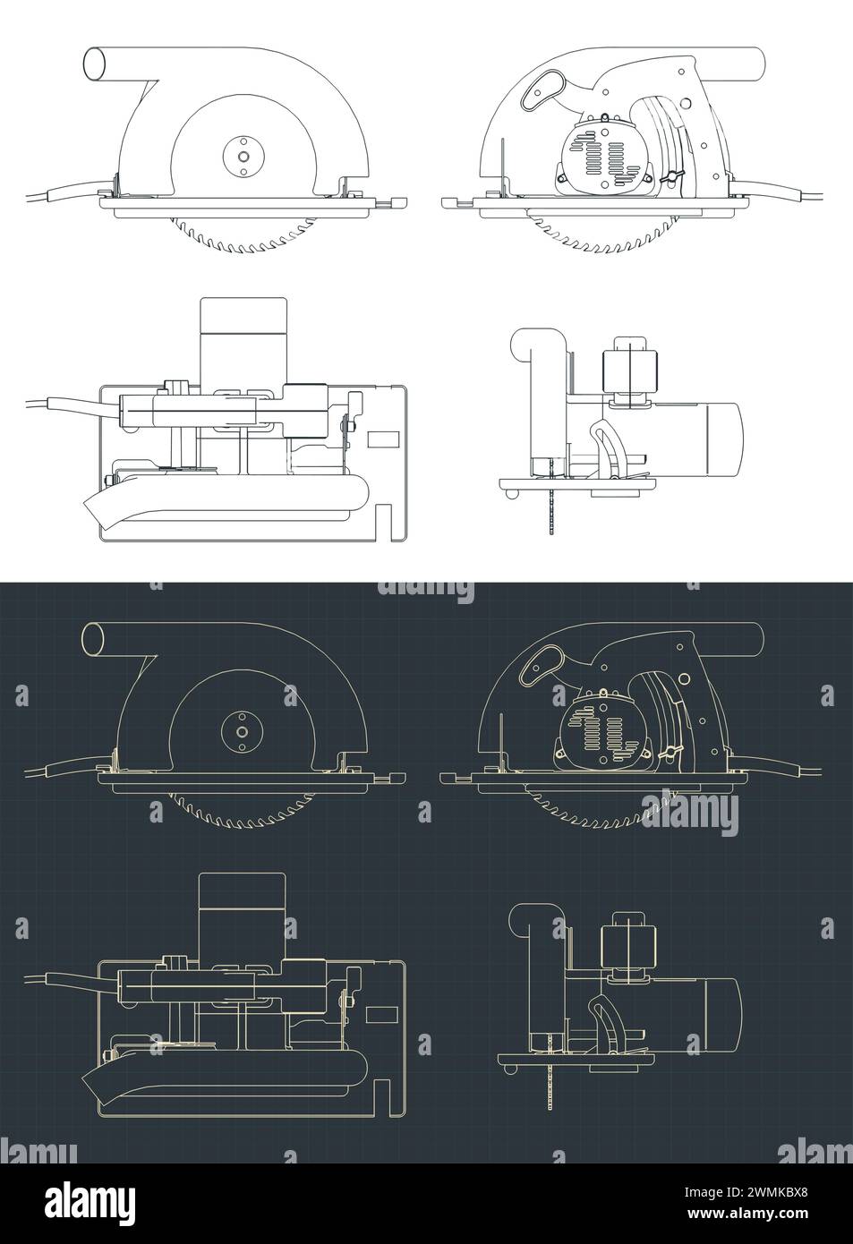 Stylized vector illustrations of blueprints of modern circular saw ...