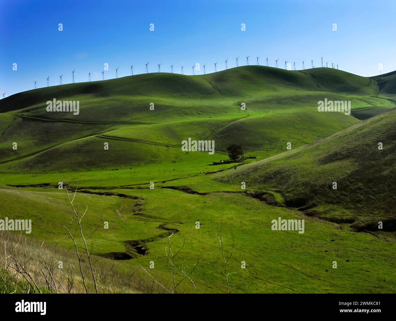 Wind turbines line a mountain ridge above a fertile farming valley ...