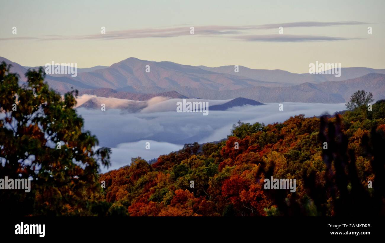 Autumn scene of clouds in the valleys of the Blue Ridge Mountains with ...