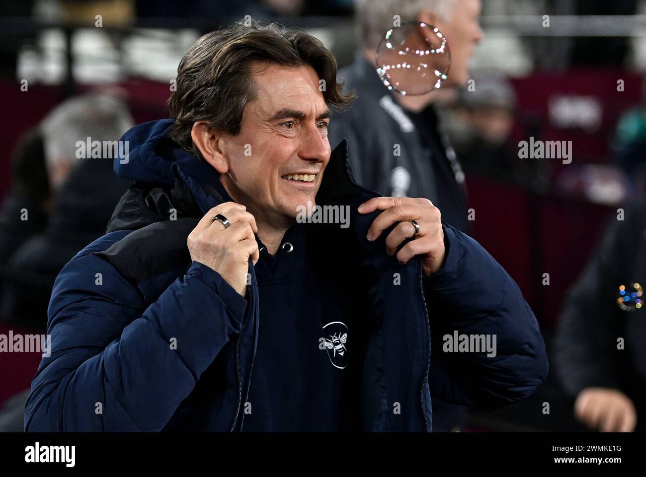London UK 26th February 2024. Thomas Frank (Brentford manager) smiles ...