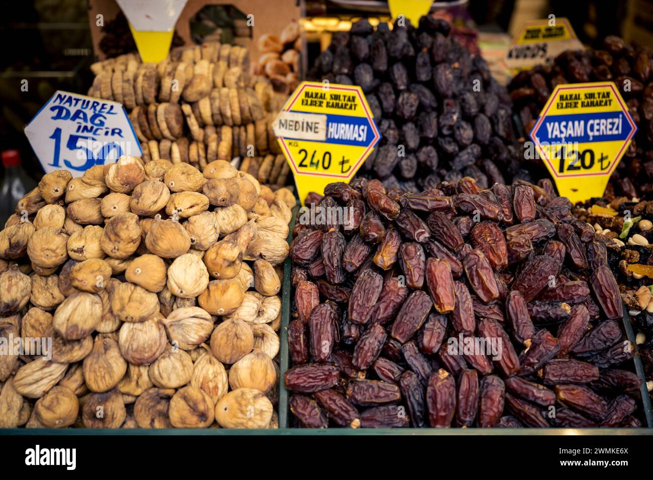 Dried figs and nuts for sale at the Spice Market in the Fatih district ...