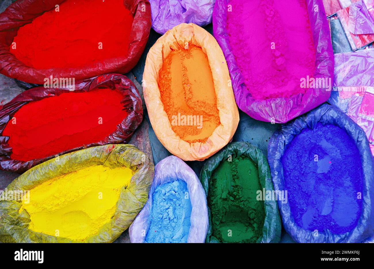 Colorful dyes for sale on the streets of Kathmandu; Kathmandu, Nepal ...