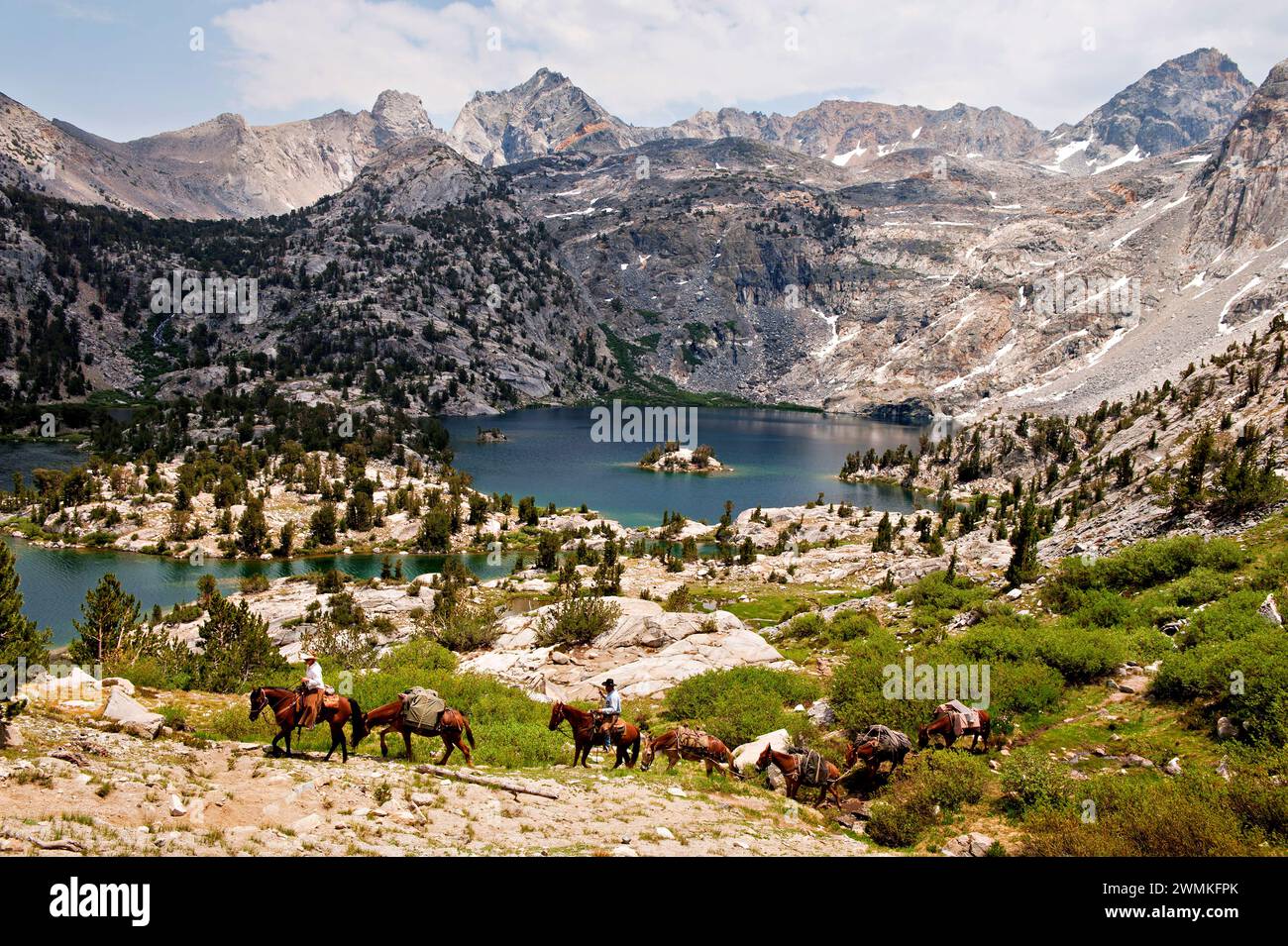 Horses and riders lead a string of pack animals near Sixty Lake Basin ...