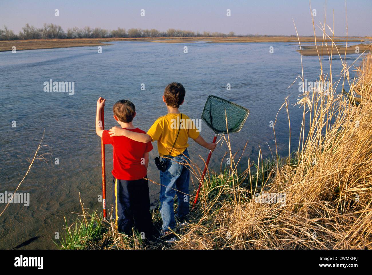 Two young boys with nets prepare to explore a waterway; Gibbon ...