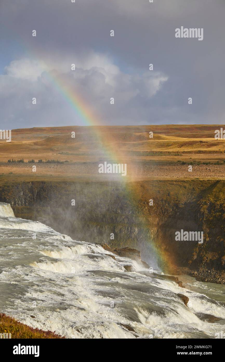 Rainbow in the mist over Gullfoss Falls in the Golden Circle of Iceland ...