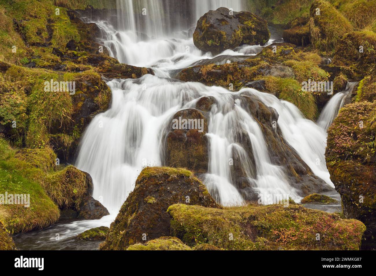 Moss covered rock and the rugged beauty of Hafrafell waterfall in ...