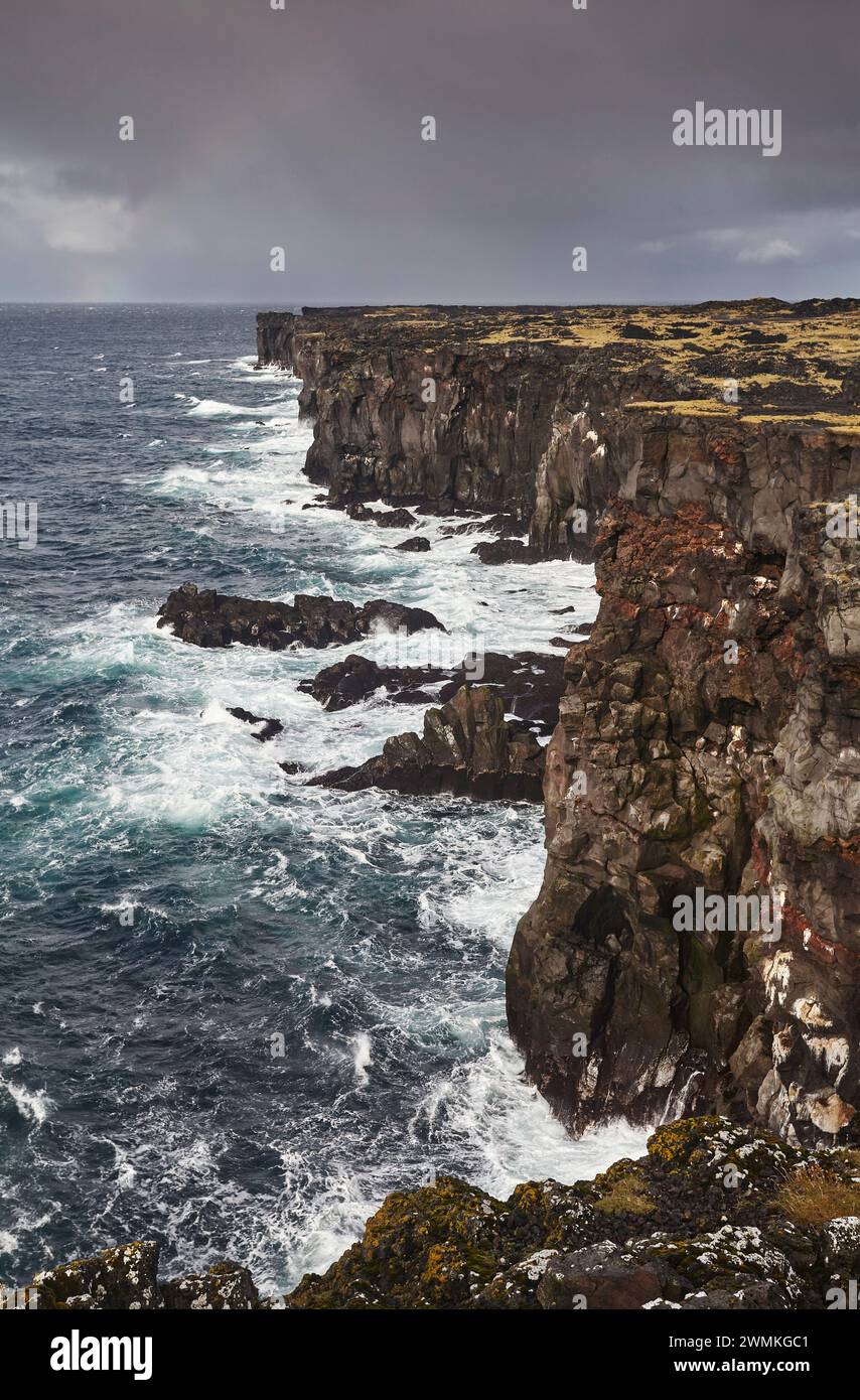 Lava cliffs at Skalasnagi, at the northwestern tip of the Snaefellsnes ...