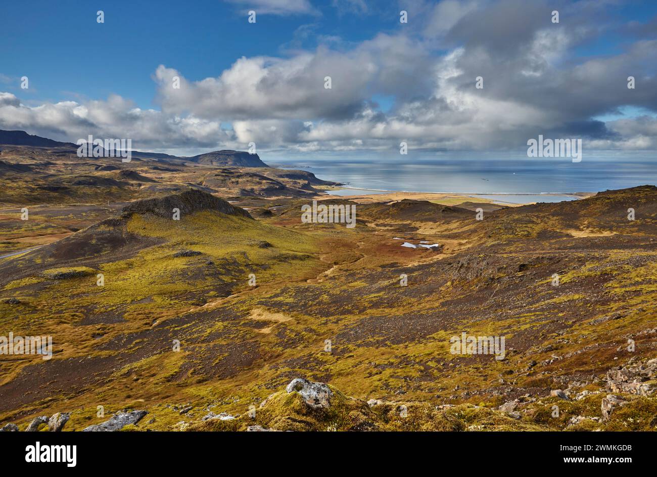Harsh and rugged landscape along the coast of Iceland, with a view of ...
