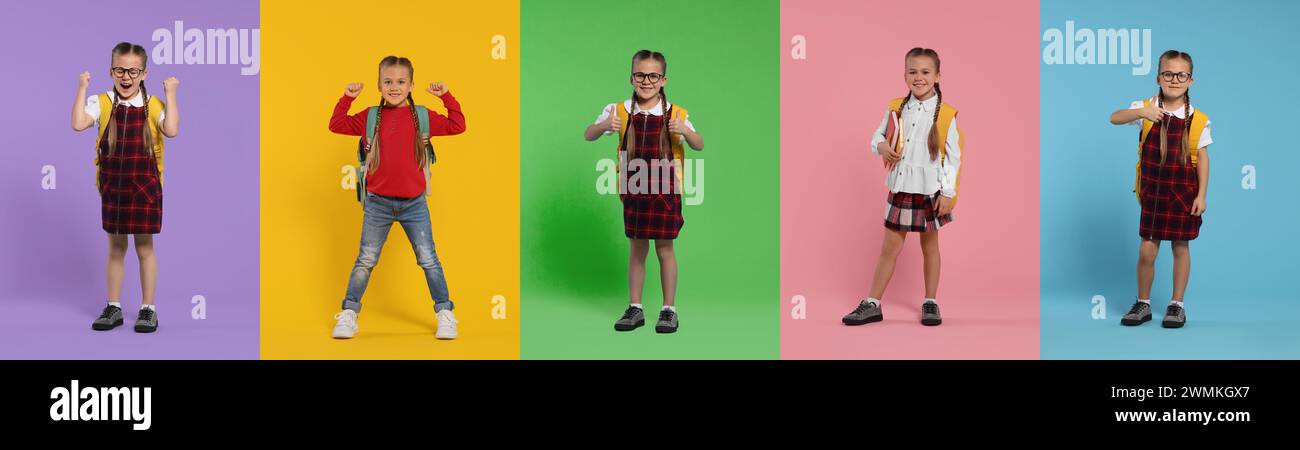 Schoolgirl on color backgrounds, set of photos Stock Photo - Alamy